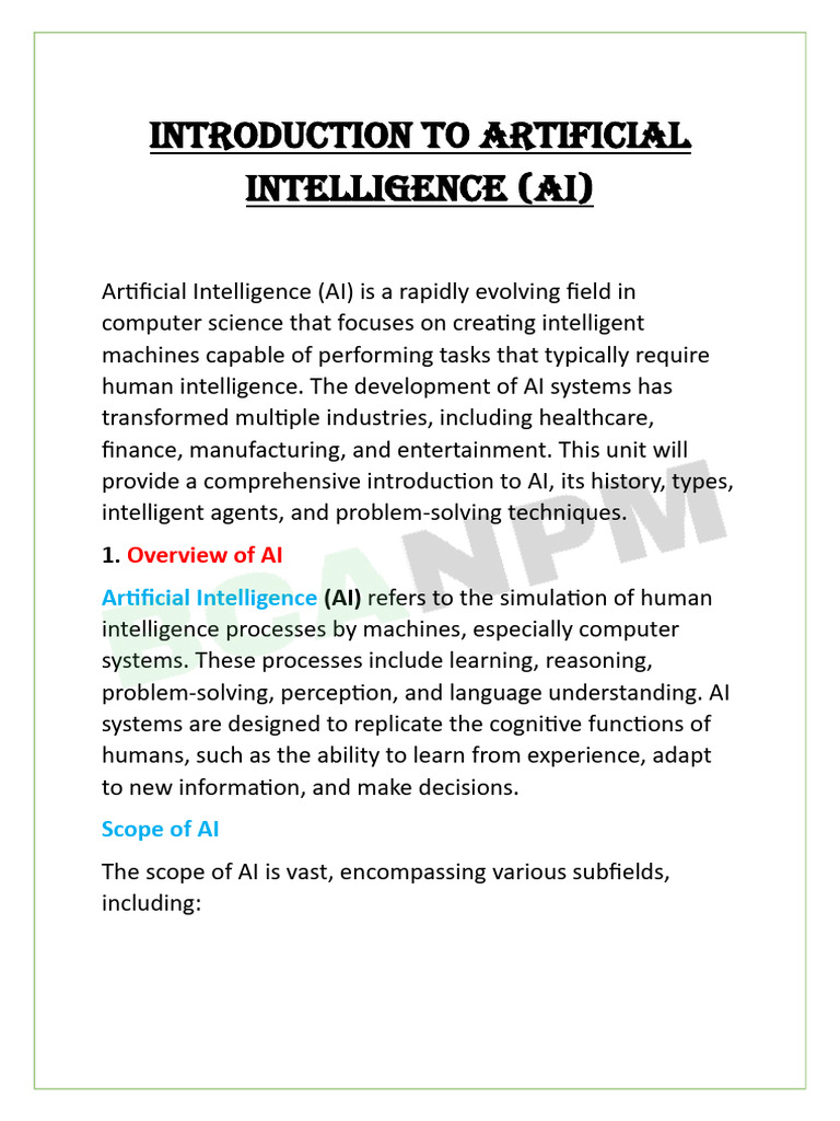 1-Introduction to Artificial Intelligence (AI) | PDF | Artificial Intelligence | Intelligence ...