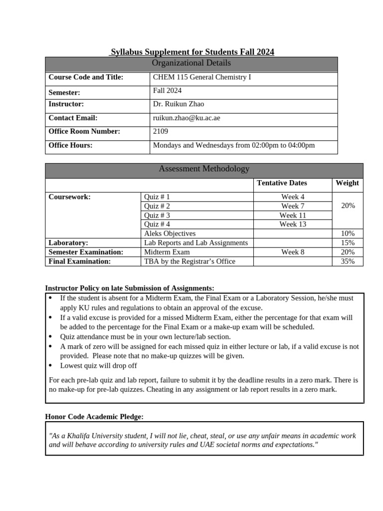 Chem 115 Syllabus Supplement For Students - Fall2024 | PDF | Chemistry | Quantum Chemistry