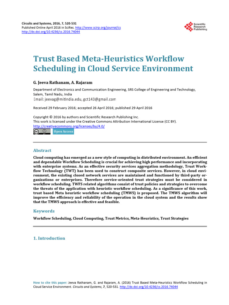 Trust Based Meta Heuristics Workflow Scheduling In Pdf Scheduling Computing Cloud Computing