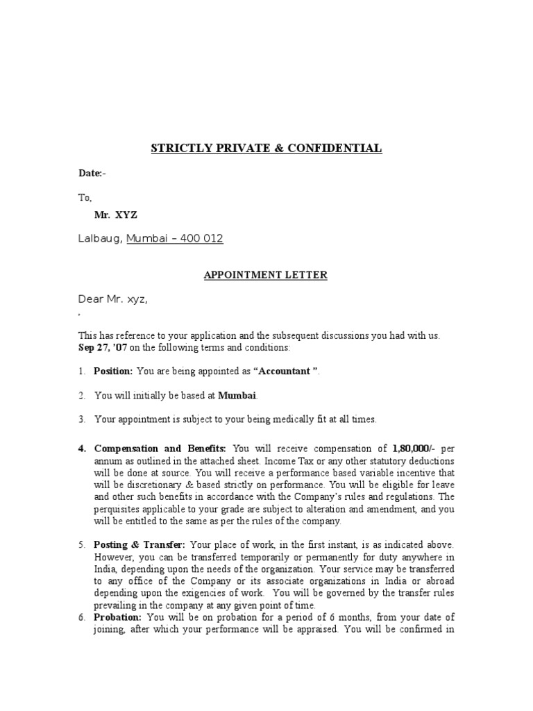 Appointment Letter FORMAT | PDF | Confidentiality | Employee Benefits