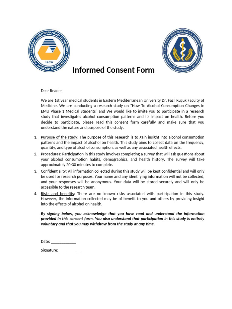 EMU Medical Students Alcohol Study Consent | PDF
