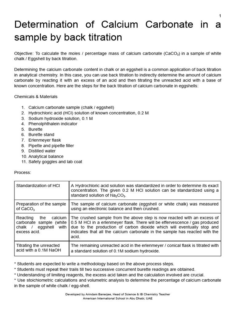 Determination of Calcium Carbonate by Back Titration | PDF | Titration ...