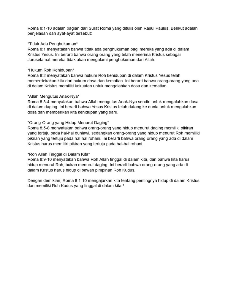 Roma 8-1-10 Adalah Bagian Dari Surat Roma Yang Ditulis Oleh Rasul Paulus | PDF