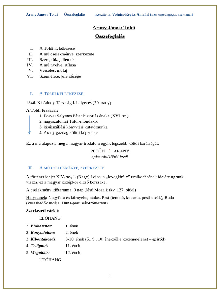 Arany János Toldi Összefoglalás | PDF