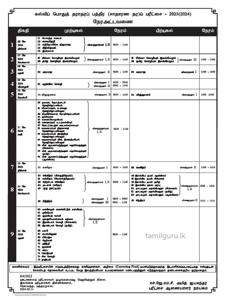 2023 O/L Exam Time Table | PDF