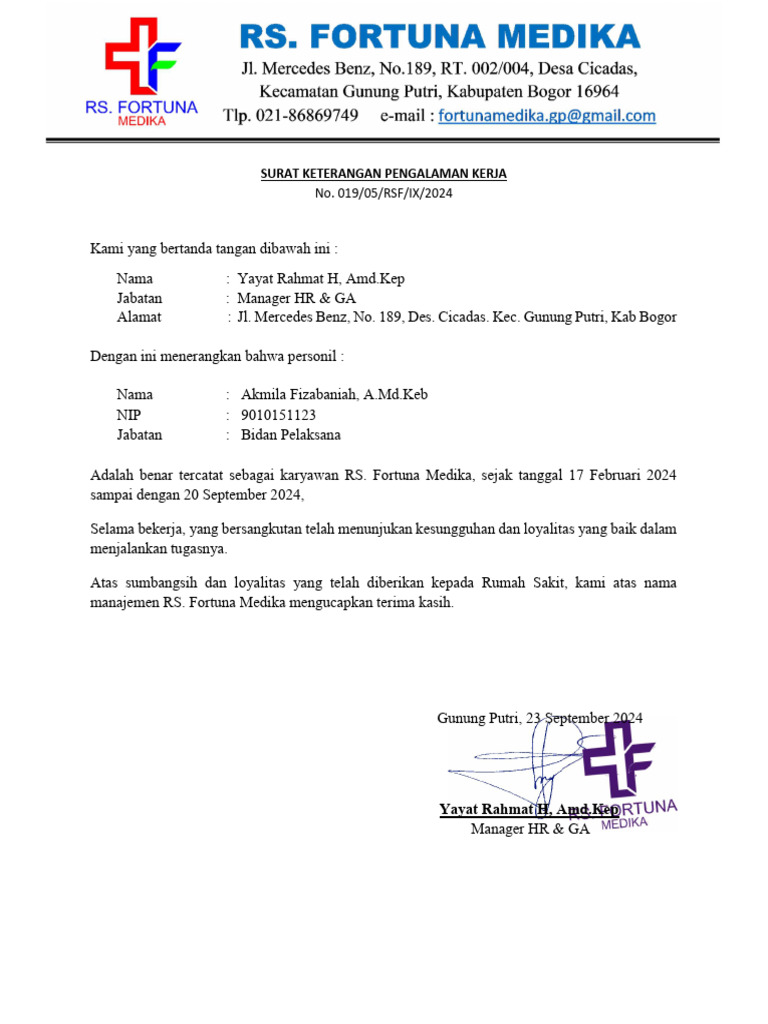 019 (Paklaring Akmila) Surat Keterangan Pengalaman Kerja | PDF