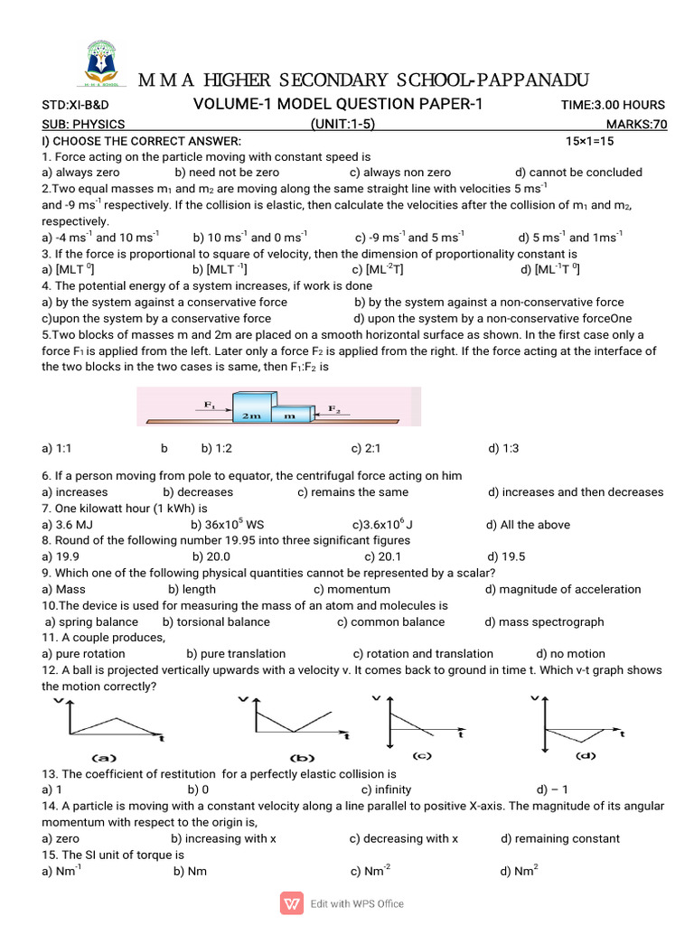 11th Physics EM Volume 1 Model Question Paper 1 English Medium PDF Download | PDF