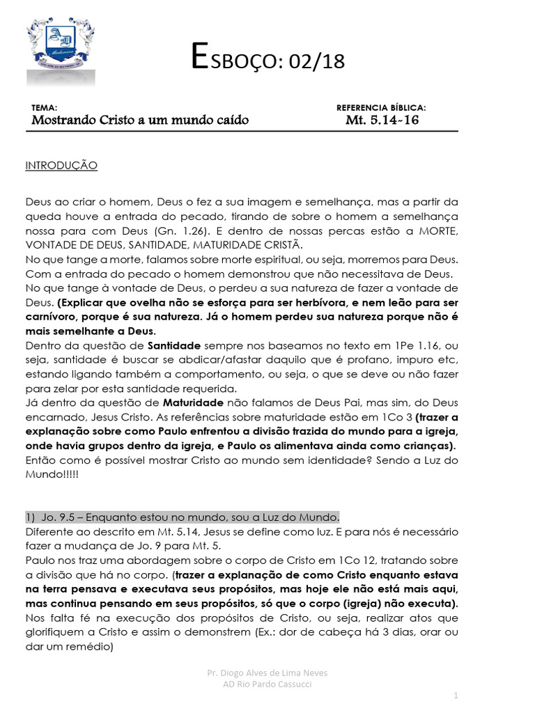 Esboço 2 - 18 Mostrando Cristo A Um Mundo Caido | PDF | Lâmpada ...