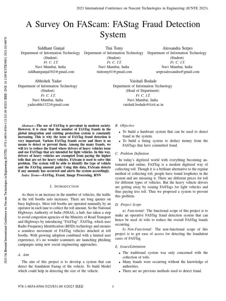 A Survey On FAScam FAStag Fraud Detection System | PDF | Toll Road