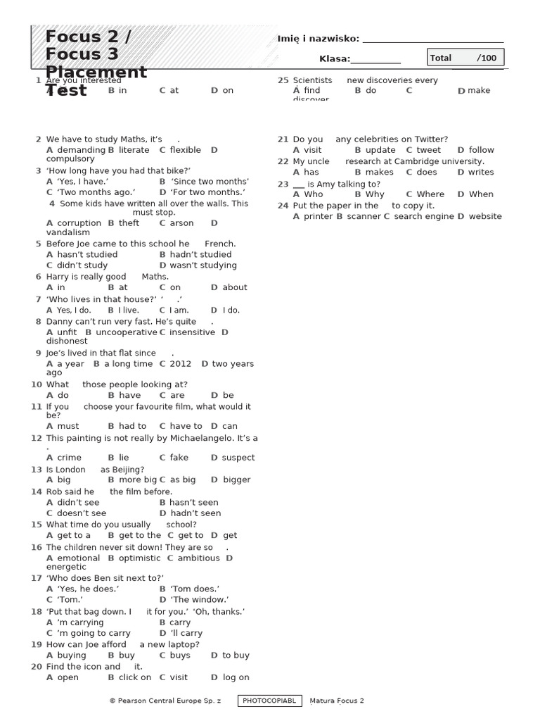 Matura Focus 2 ÔÇô Matura Focus 3 Placement Test | PDF
