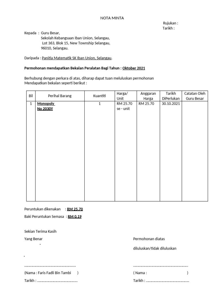 NOTA MINTA Panitia Matematik | PDF
