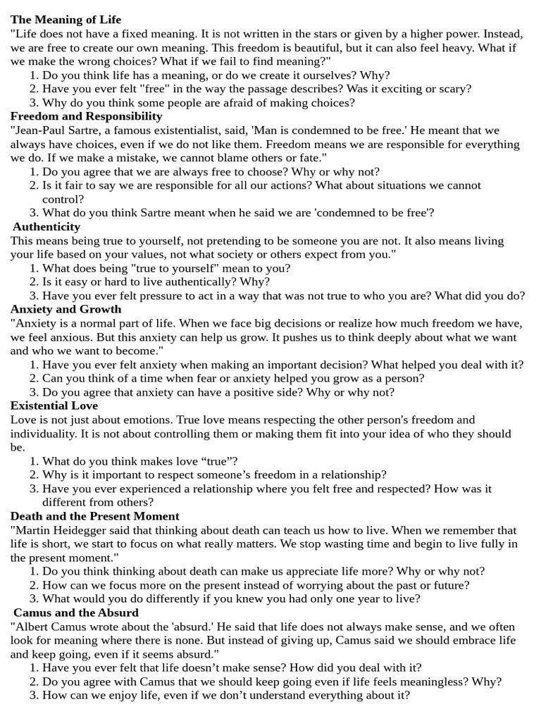 Speaking topics_ Existentialism and questions | PDF | Existentialism ...