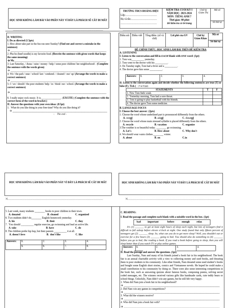 E7 - ĐỀ CUỐI KỲ I 2023-2024 | PDF
