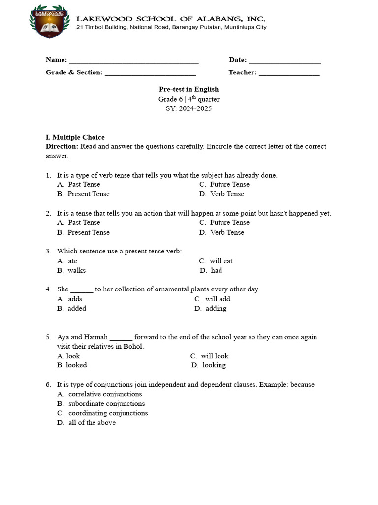 Pretest 4Q - Grade 6 Helenium | PDF | Adverb | Logos