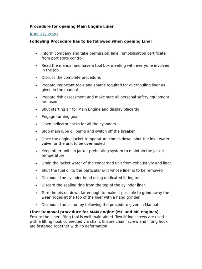 Liner Removal Procedure For MAN Engine (MC and ME Engines) | PDF ...