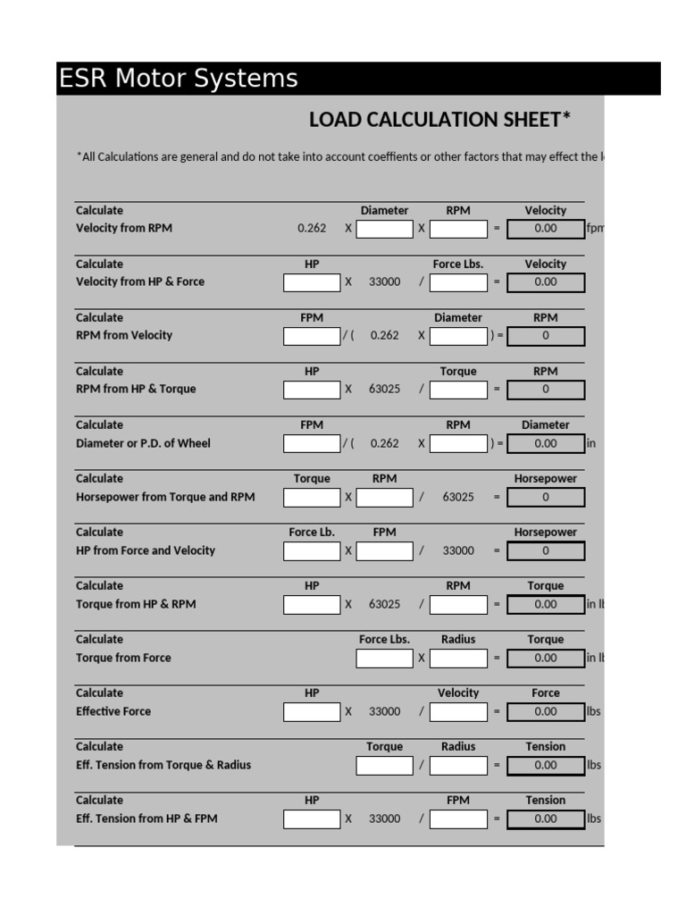 Load Calculation Sheet for Motors | PDF | Horsepower | Torque
