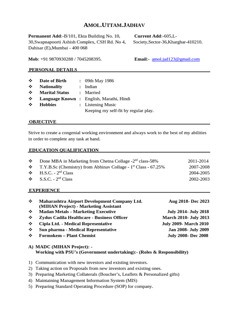 Amol - Resume Marketing For Pharma | PDF