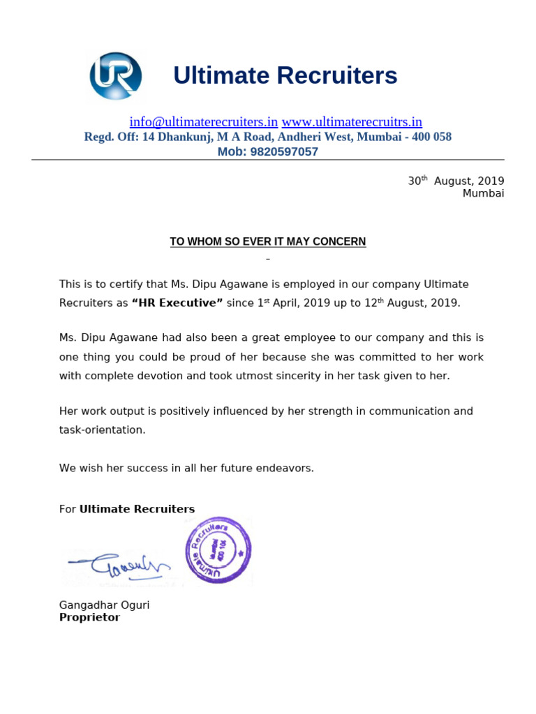 Experience Letter Dipu | PDF