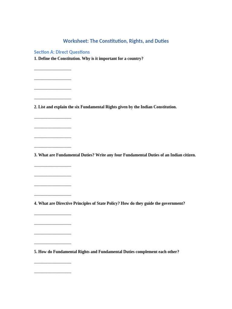 Constitution Rights and Duties Worksheet | PDF