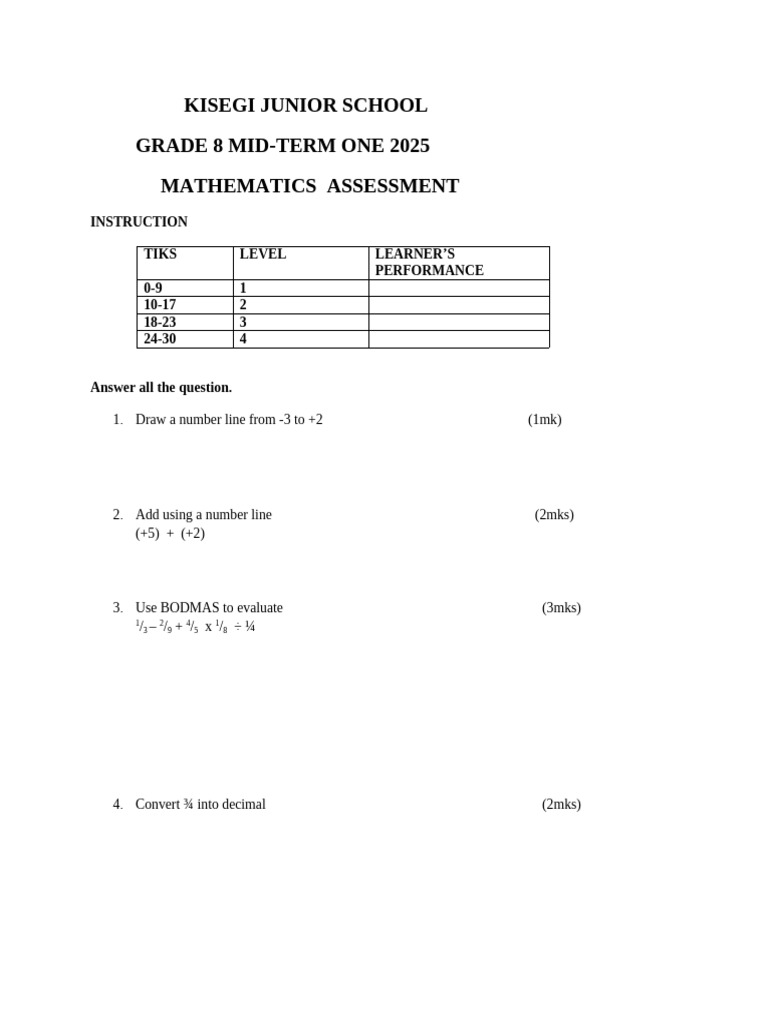 Grade 8 Mathematics Assessment Mid Term 1 2025 | PDF