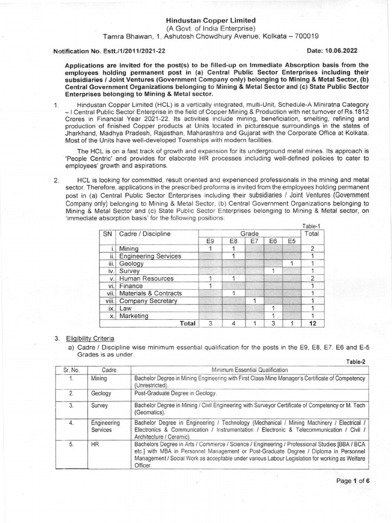 HCL Job Openings for Mining Professionals | PDF | Academic Degree ...