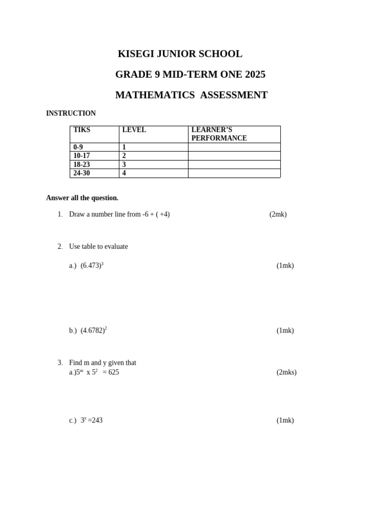 Grade 9 Assessment Mathematics Mid Term 1 2025 | PDF