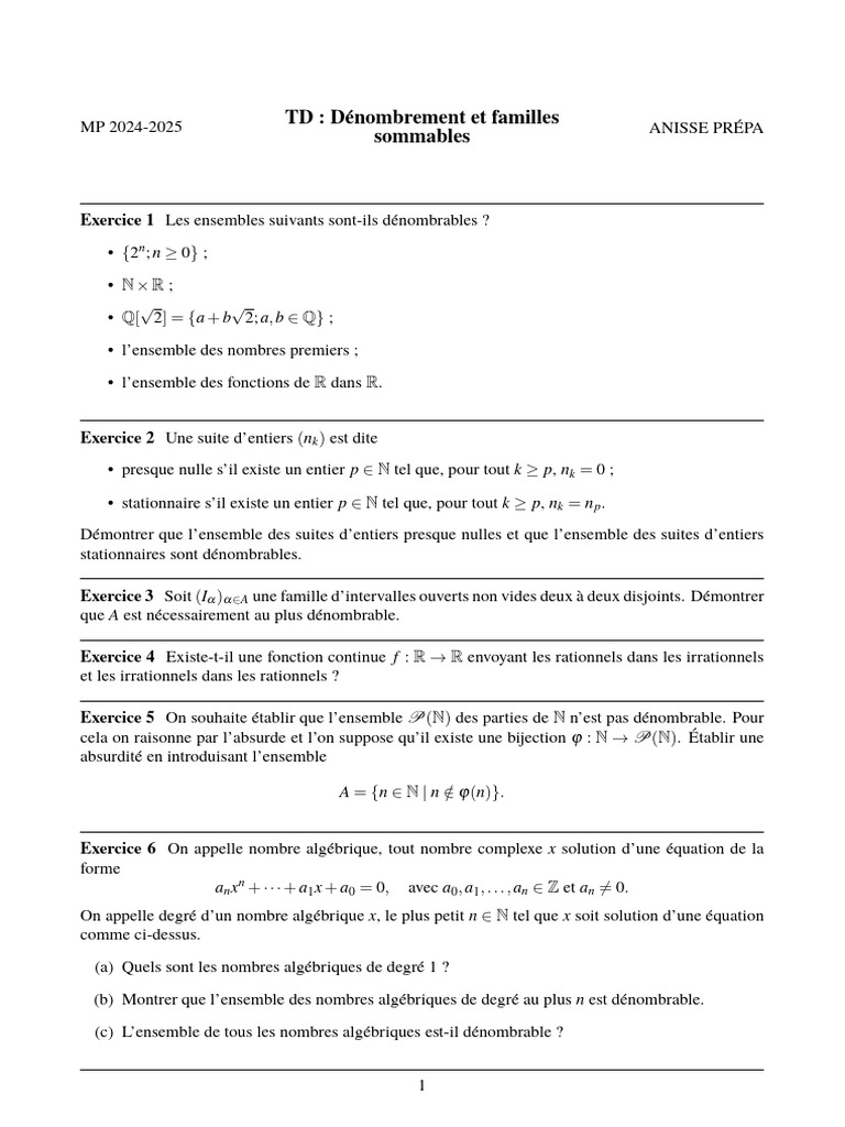 Dénombrement et familles sommables en mathématiques | PDF ...