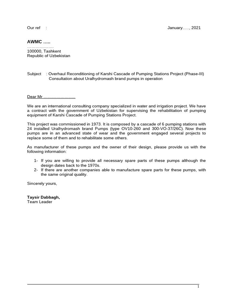 Draft Letter To Pump Manufacturer-rev0-E | PDF