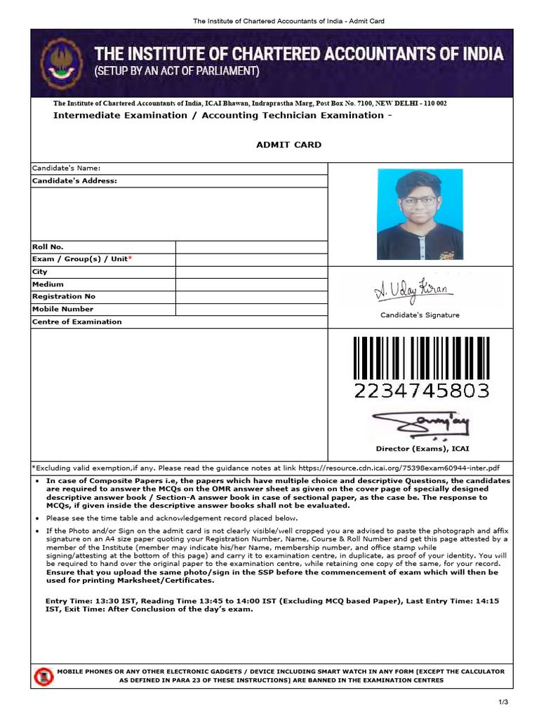 ICAI Intermediate Exam Admit Card 2023 | PDF