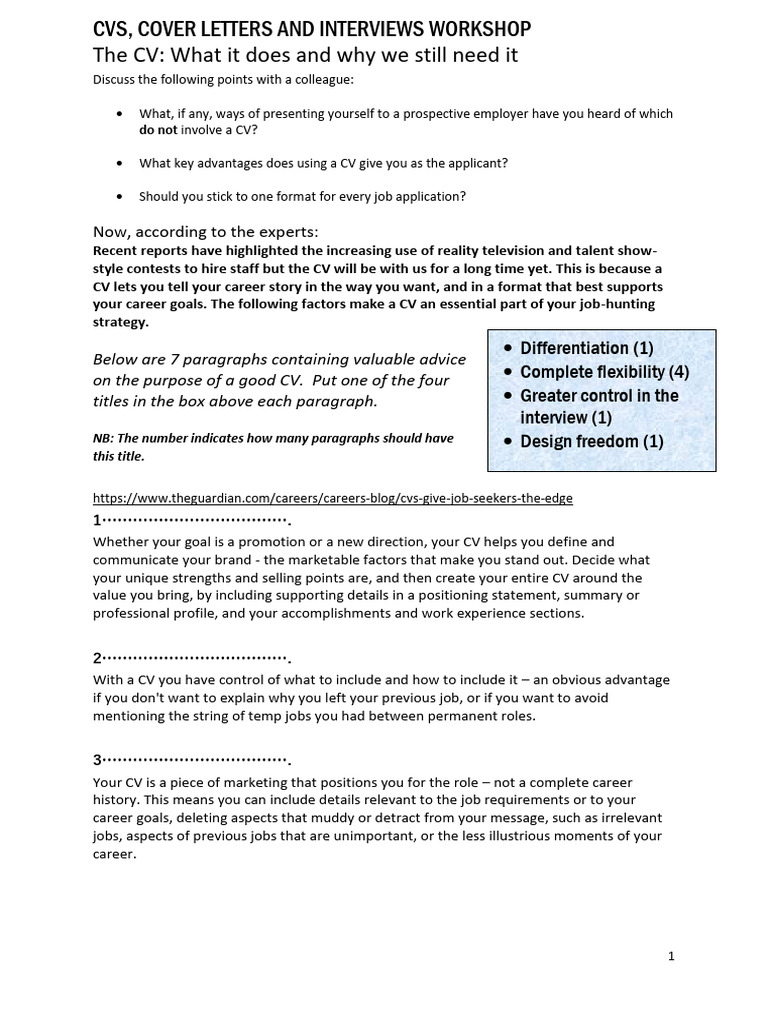 CVS, Cover Letters and Interviews Workshop Complete | PDF | Résumé