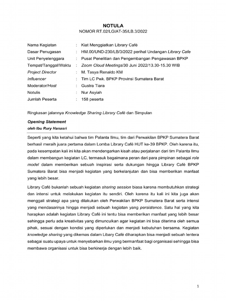 Notula, Knowledge Sharing LC 30 Juni 2022 | PDF