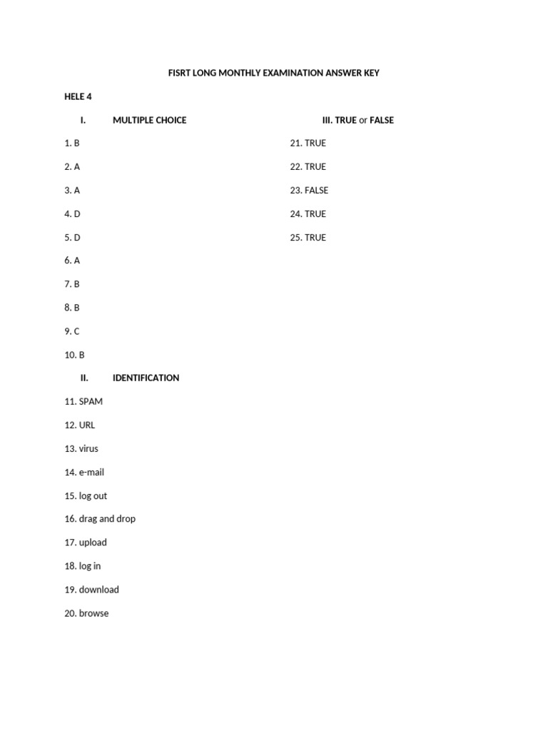 2nd MONTHLY LONG EXAMINATION ANSWER KEY | PDF