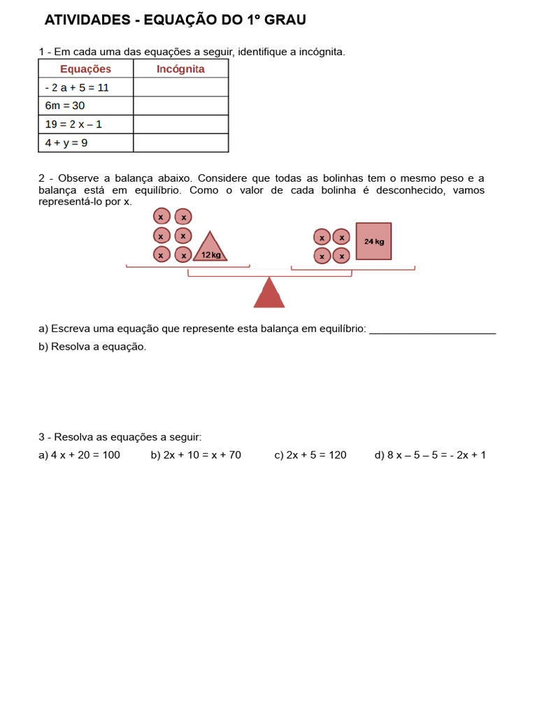 Atividades Equação Do 1 Grau | PDF
