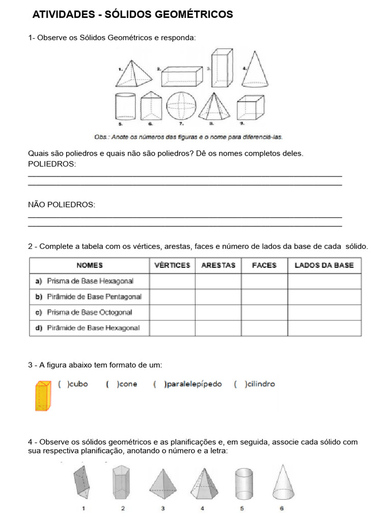 Atividades sobre Sólidos Geométricos | PDF