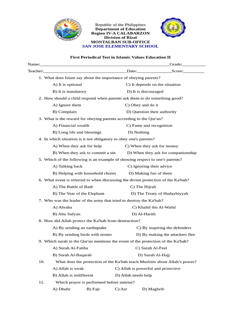 Islamic Values Education Test | PDF | Quran | Islam