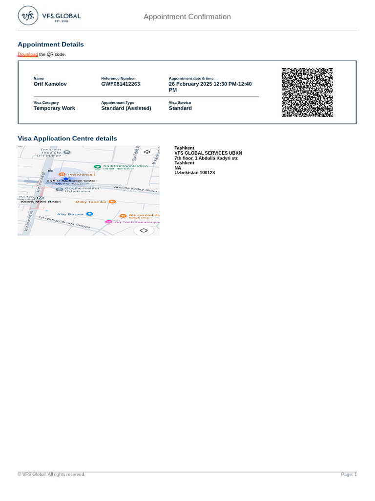 VFS Global Appointment Confirmation | PDF | Payments