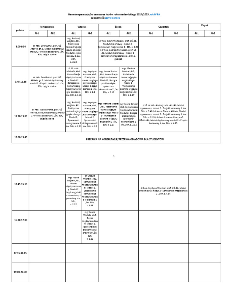 FA Harmonogram LATO 2024 2025 II Stopnia Stacjonarne 250219 | PDF