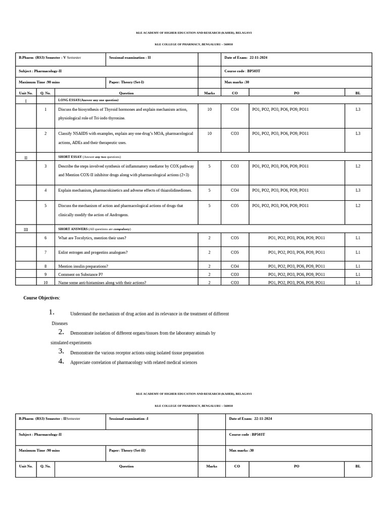 Final QP Pcol-II 5th Sem 3 SET II Sessional | PDF | Pharmacology | Endocrine System