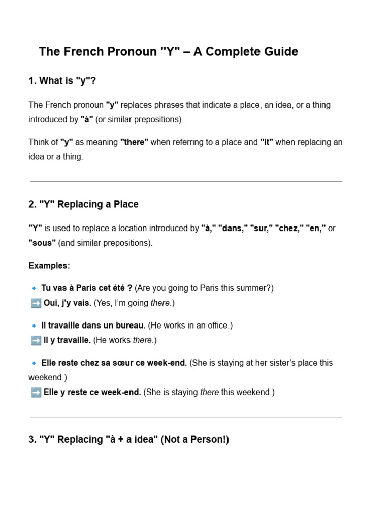 The French Pronoun - Y - A Complete Guide | PDF | Syntactic ...