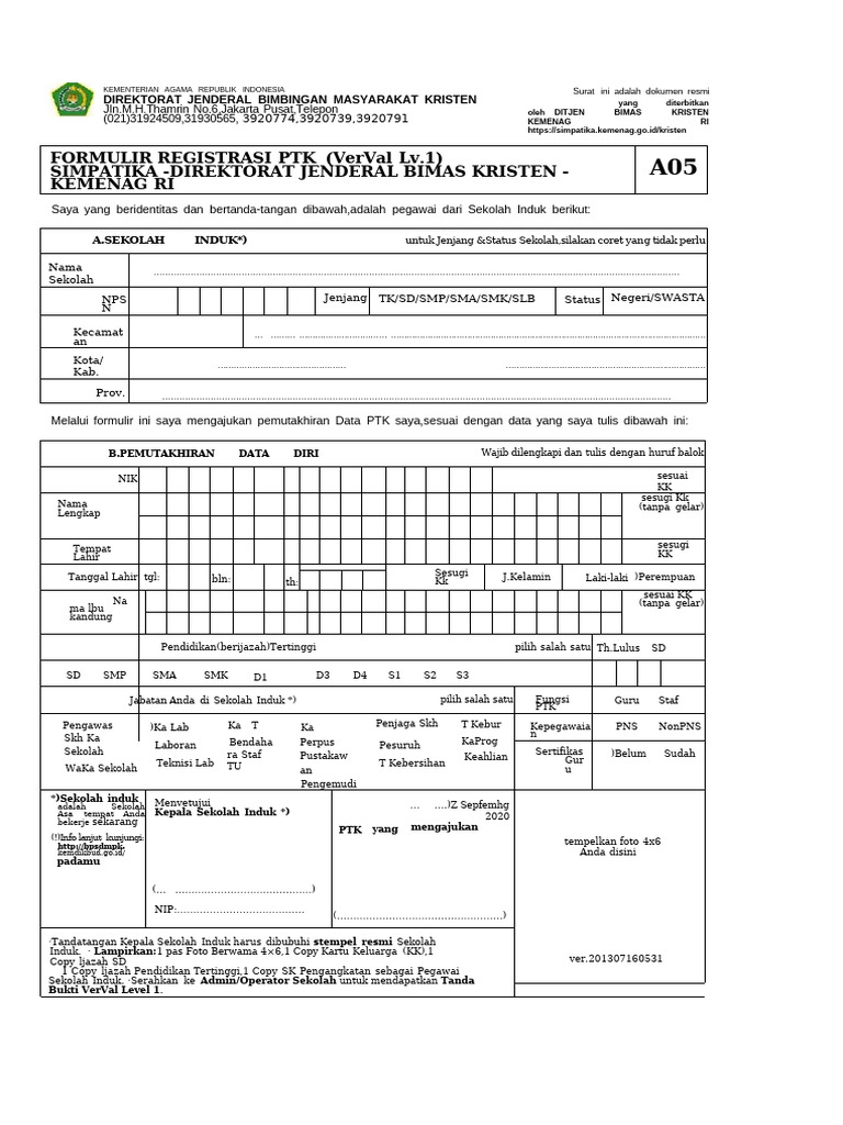 Formulir Registrasi Pemutakhiran PTK Kemenag | PDF