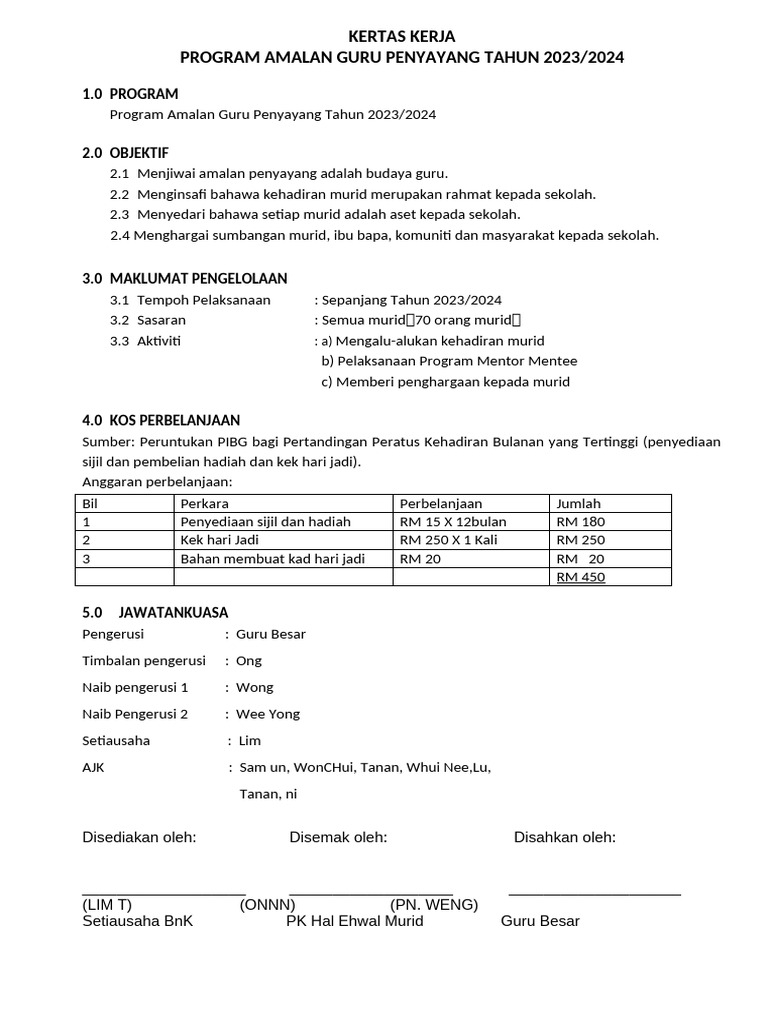 Kertas Kerja Program Amalan Guru Penyayang Tahun 2023/2024 | PDF
