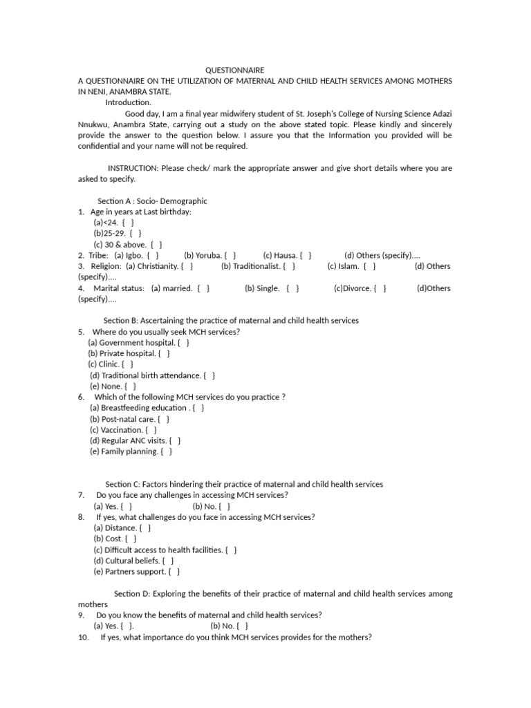 QUESTIONNAIRE-WPS Office | PDF | Health Care | Motherhood