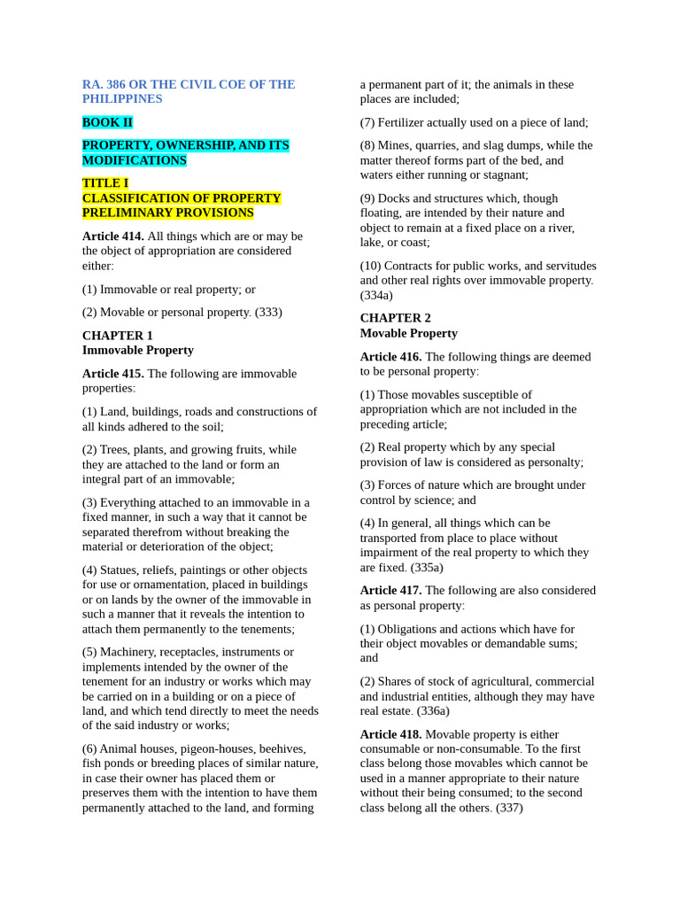 Classification of Property in RA 386 | PDF | Property | Concurrent Estate