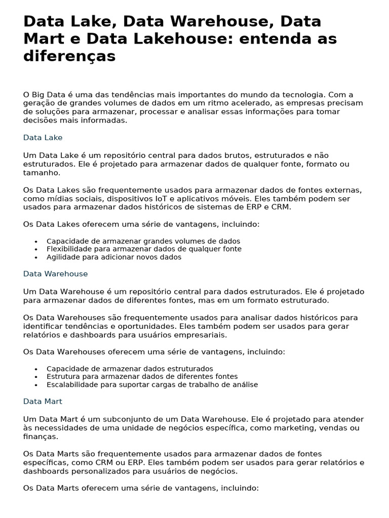 Data Lake, Data Warehouse, Data Mart e Data Lakehouse | PDF | Armazém de dados | Dados
