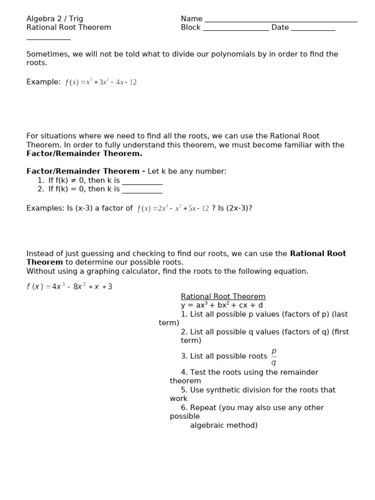 Day 5 - Worksheet - Rational Root Theorem | PDF