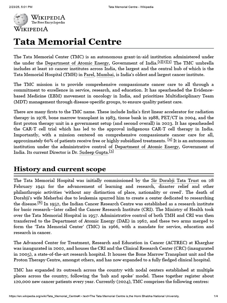 Tata Memorial Centre Visioon and Other Units of TMC | PDF | Neoplasms ...