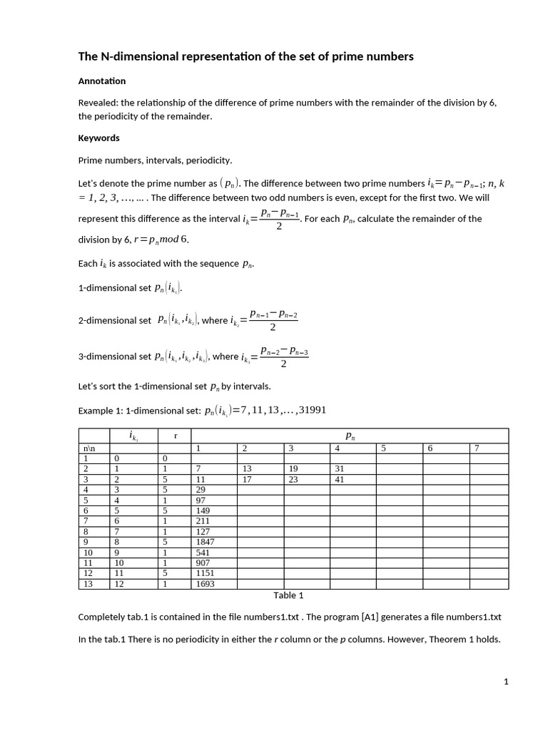 N-dimensional Representation of the Set of Prime Numbers | PDF ...