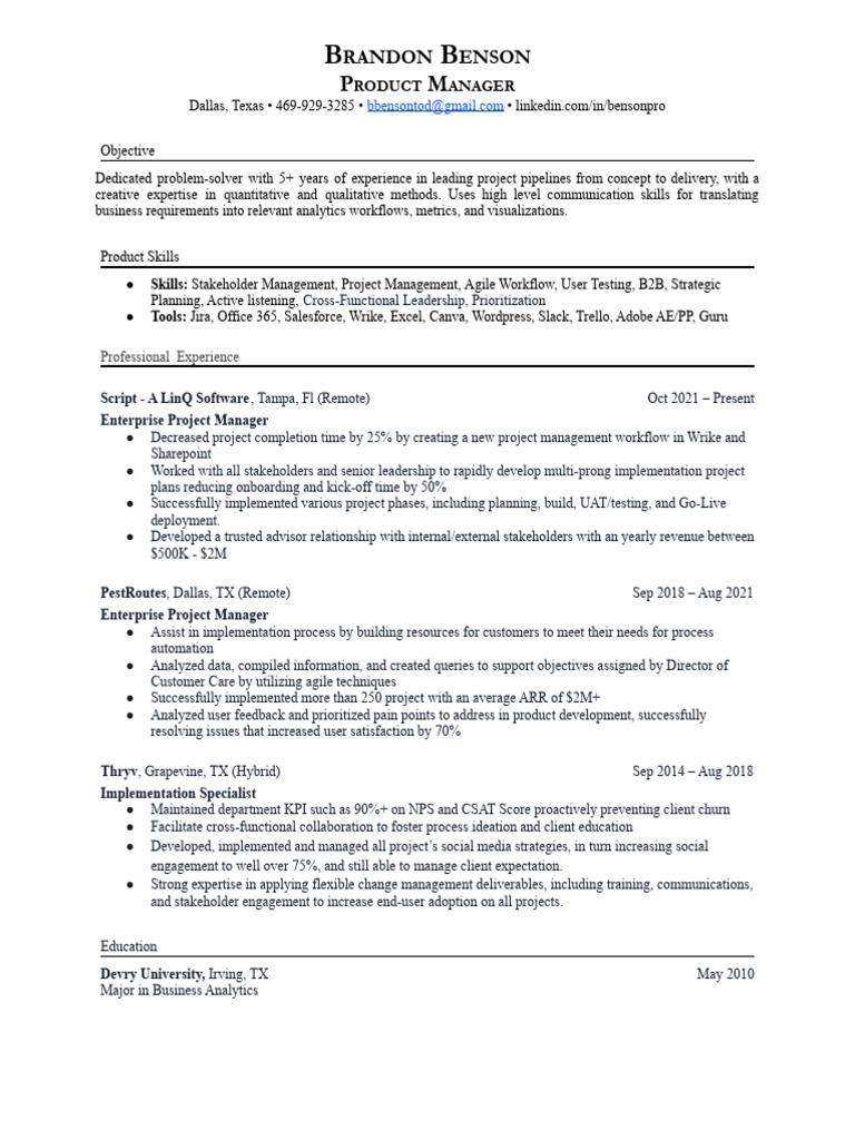 Brandon Benson Resume PM 1 | PDF | Project Management | Computing
