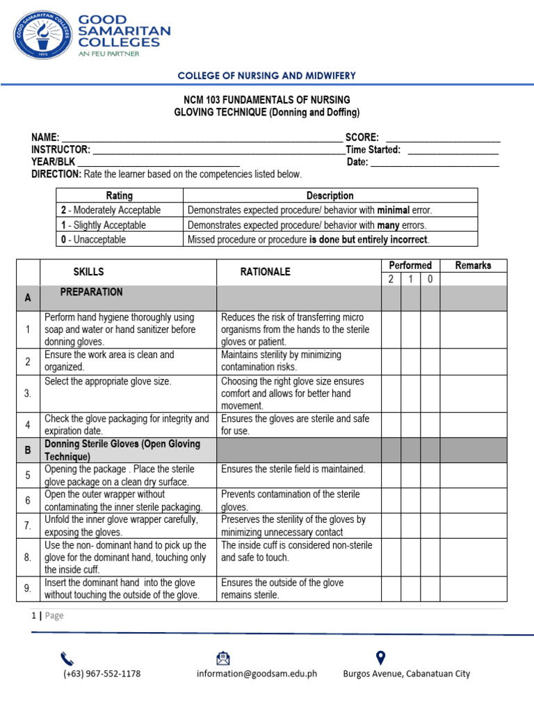 NCM 103 Gloving Technique Checklist | PDF | Health Sciences