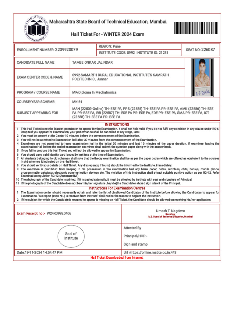 Omkar Hall Ticket | PDF